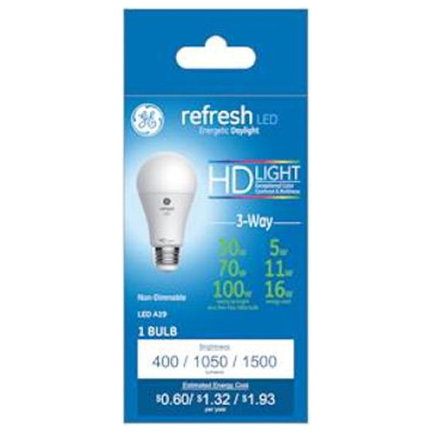 GE 93127691 3-Way Refresh HD LED Light Bulb, Daylight, A19 Medium Base ...