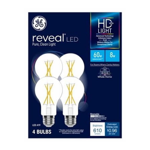 GE 93129532 Reveal LED Light Bulbs, Clear, A19, 8 Watt, 4-Pk ...
