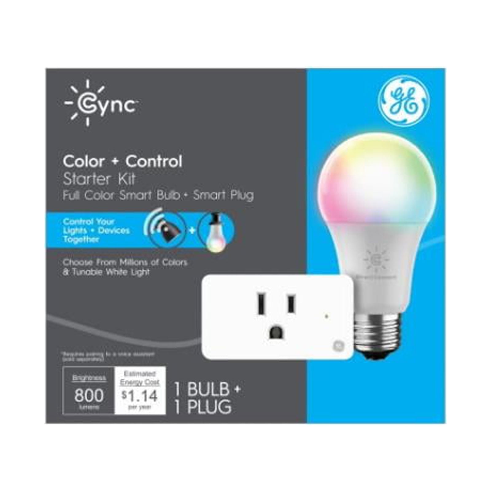 GE Cync Smart LED Bundle: 9.5W Light Bulb + Plug, Full Color-Tunable ...