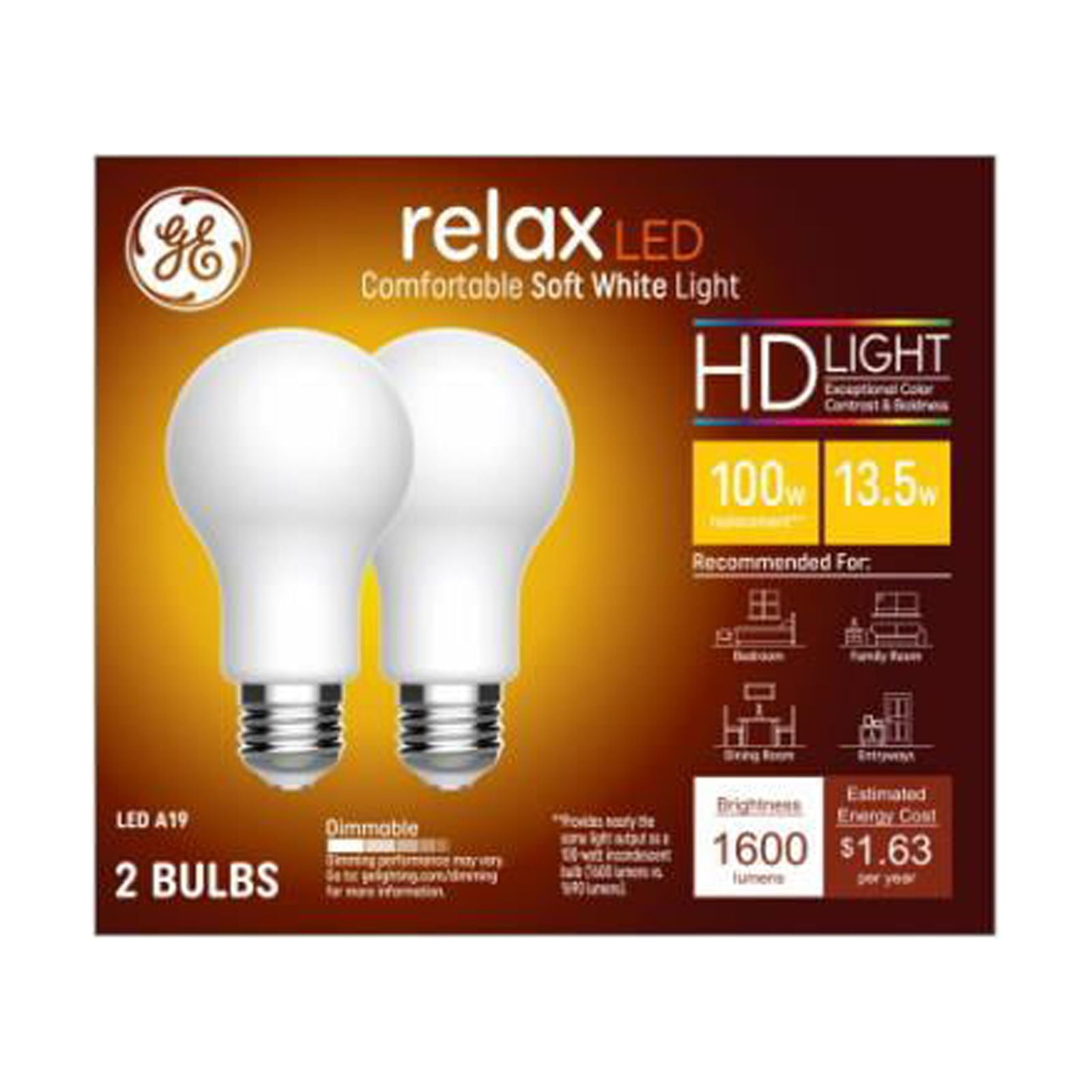 GE 93129807 Relax HD+ LED Light Bulbs, Soft White, 1600 Lumens, 13 Watt ...