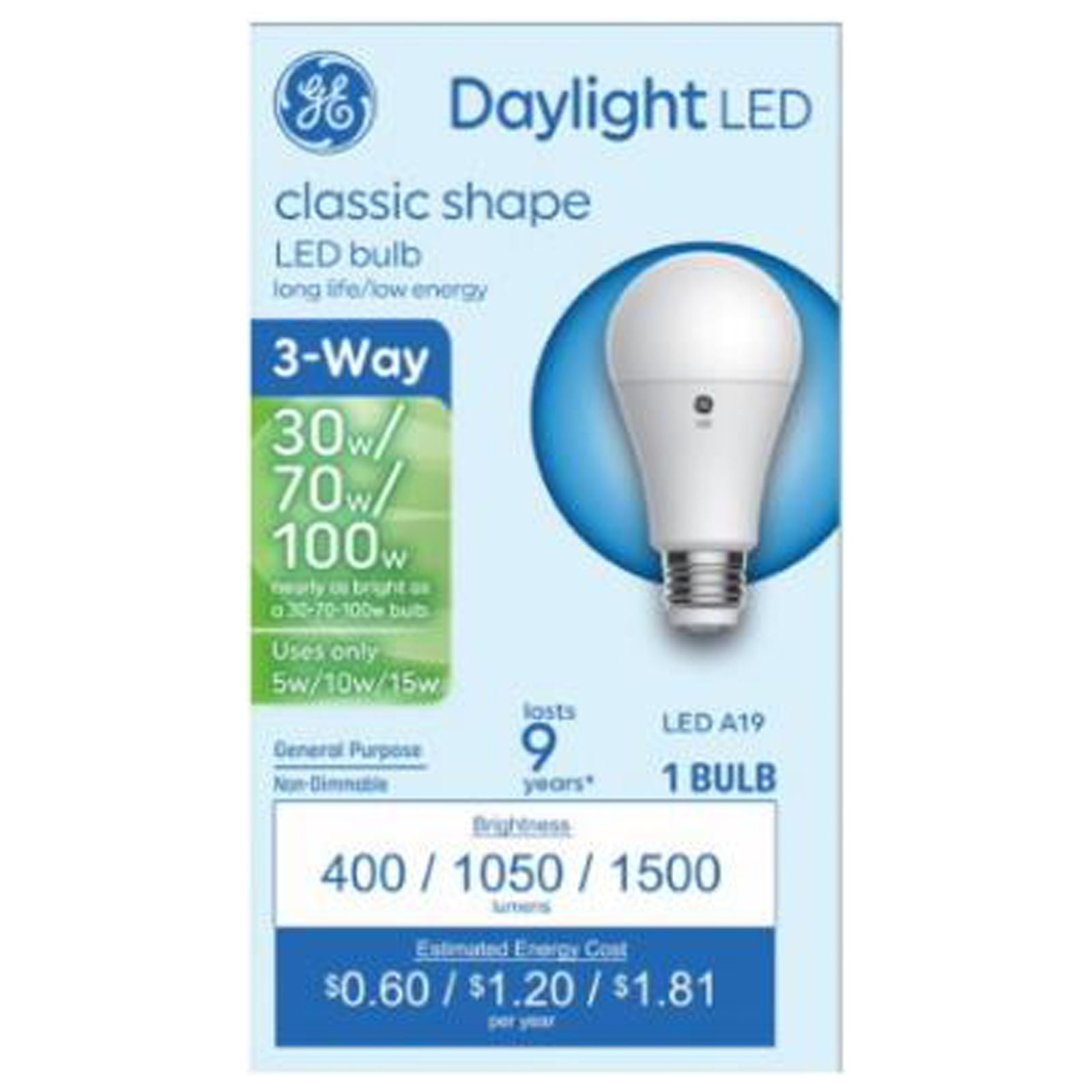 GE 93130565 LED 3-Way Light Bulb, A19 Medium Base, Daylight, 5/10/15 ...