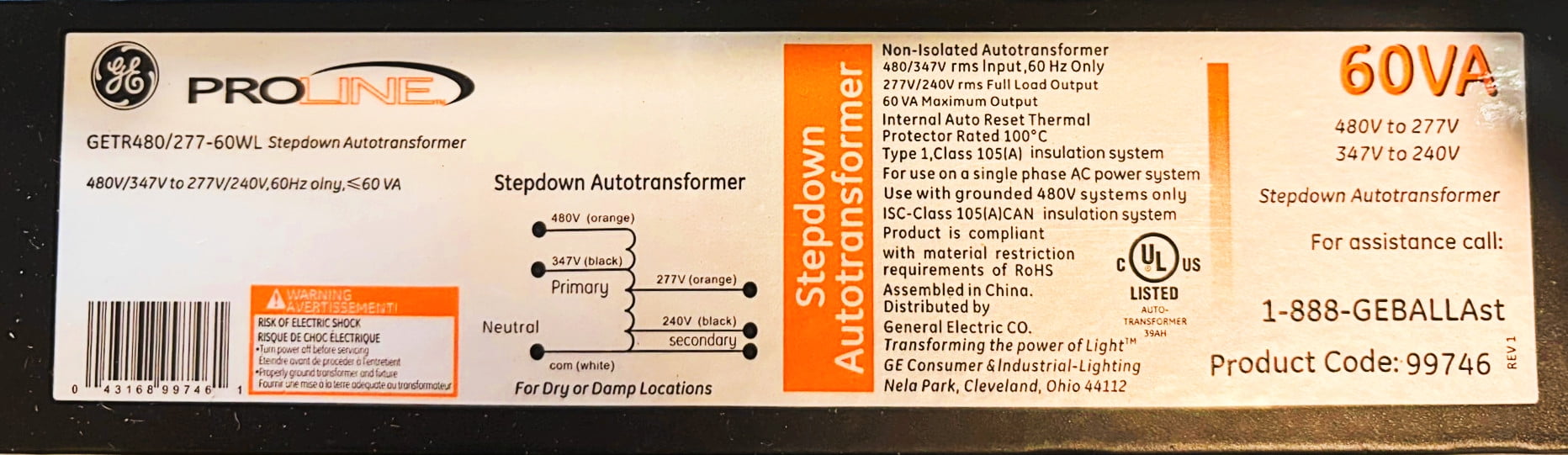 GE 99746 PROLINE 480V step down transformer, GETR480/277-60WL 480 ...