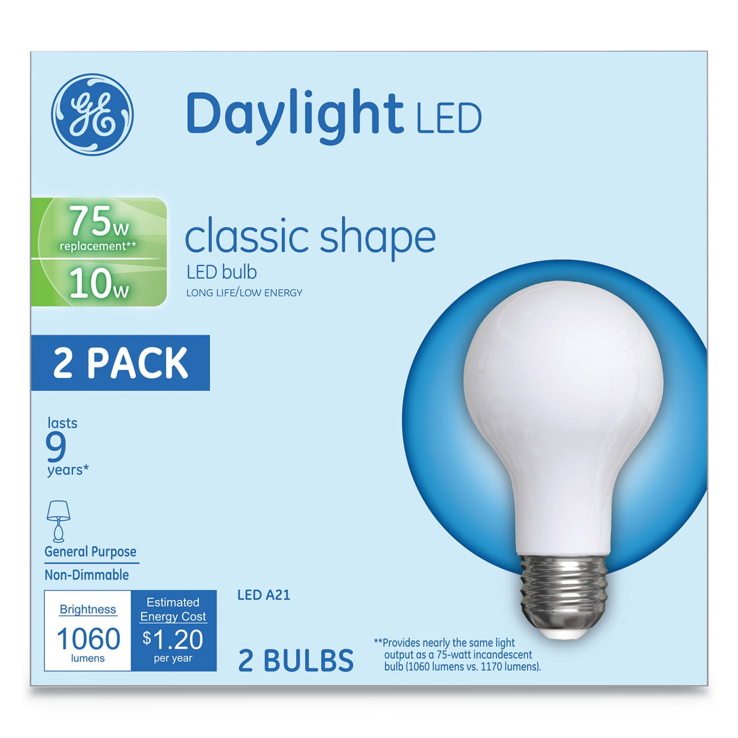 GE A21 E26 (Medium) LED Bulb Daylight 75 Watt Equivalence 2 pk ...