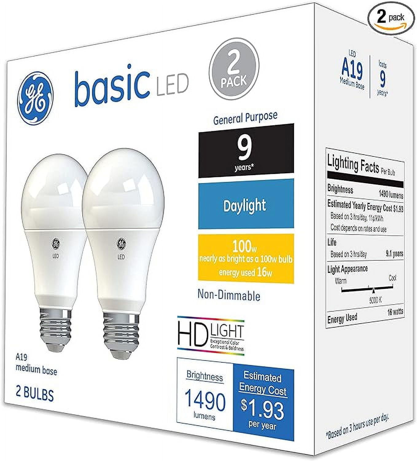 GE Basic LED Light Bulbs, 100 Watt Eqv, Daylight, A19 Standard Bulbs (2 ...