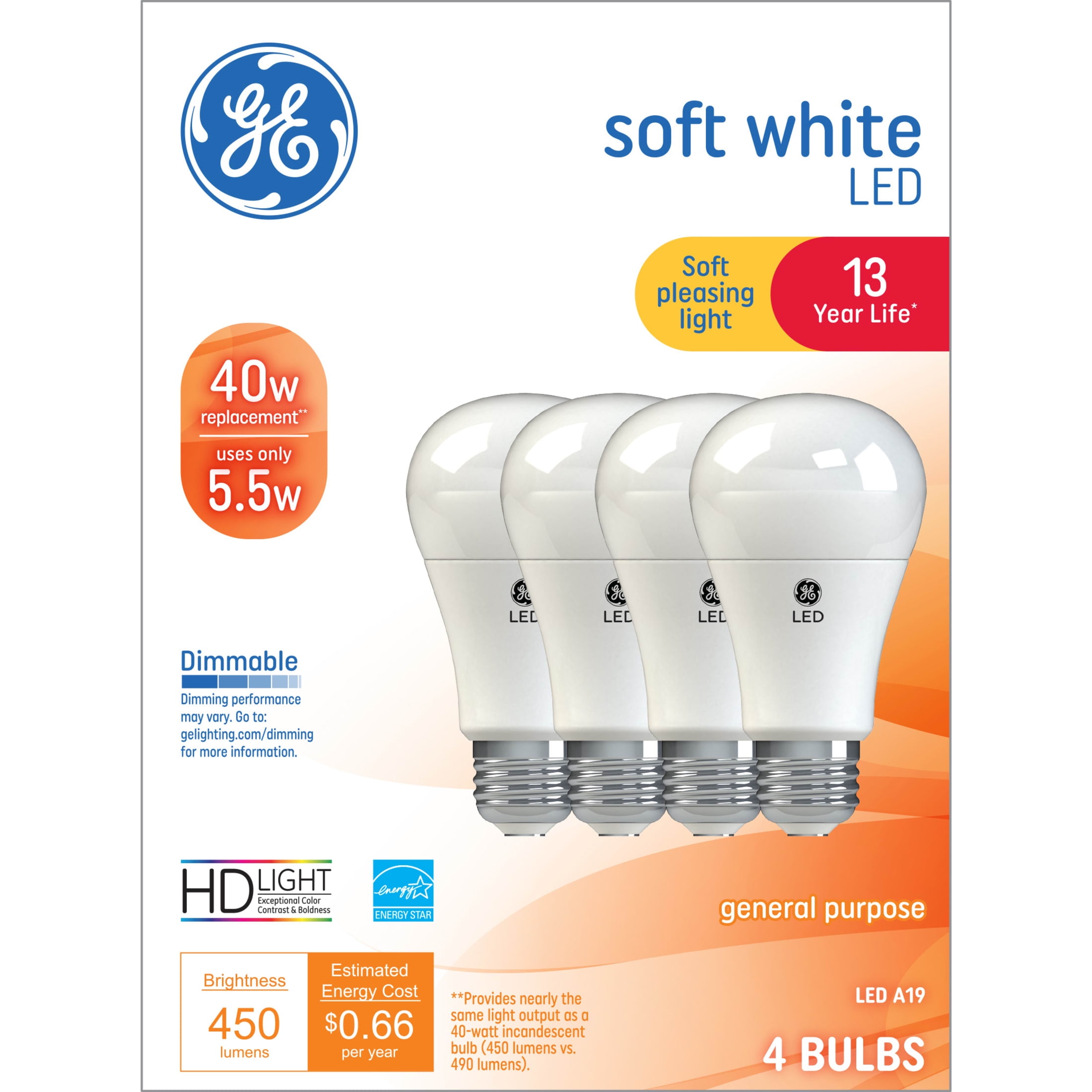 GE Basic LED Light Bulbs, 40 Watts, Soft White, A19 Bulbs, Medium Base ...