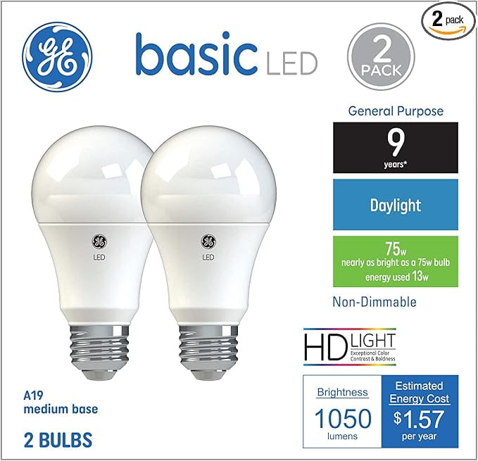GE Basic LED Light Bulbs, 75 Watt, Daylight, A19 (2 Pack) - Walmart ...