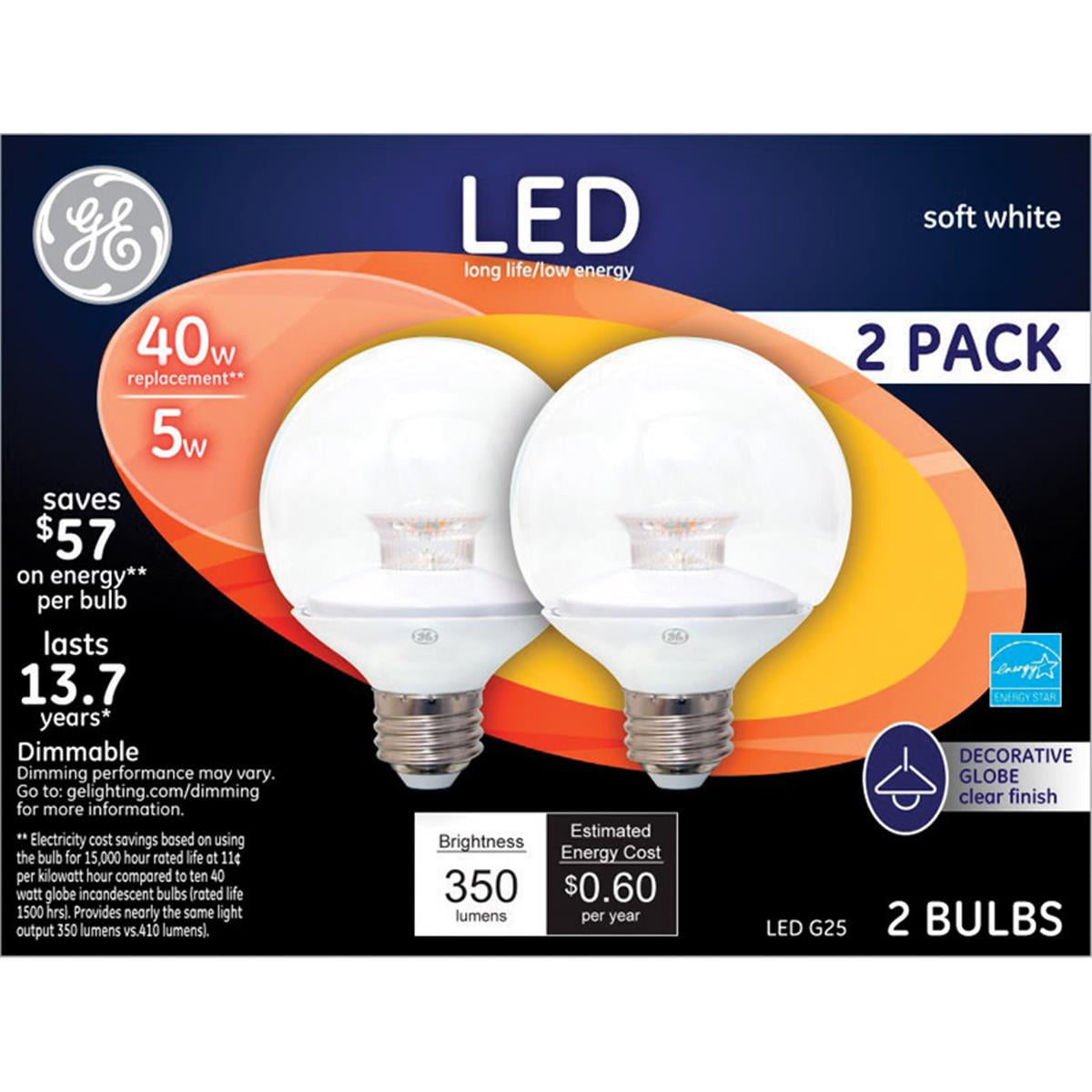 GE CA11 G25 LED Bulb Soft White 40 Watt Equivalence 2 pk - Walmart.com
