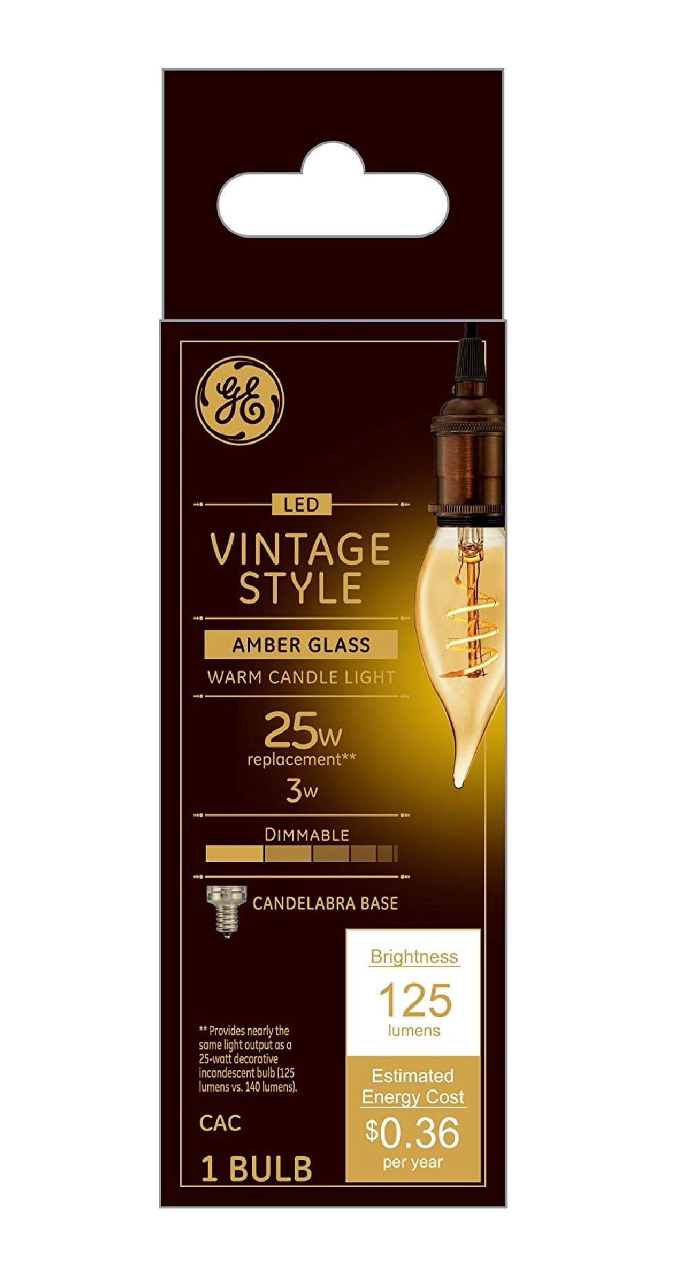 GE CAC E12 (Candelabra) Filament LED Bulb Amber Warm White 25 Watt ...