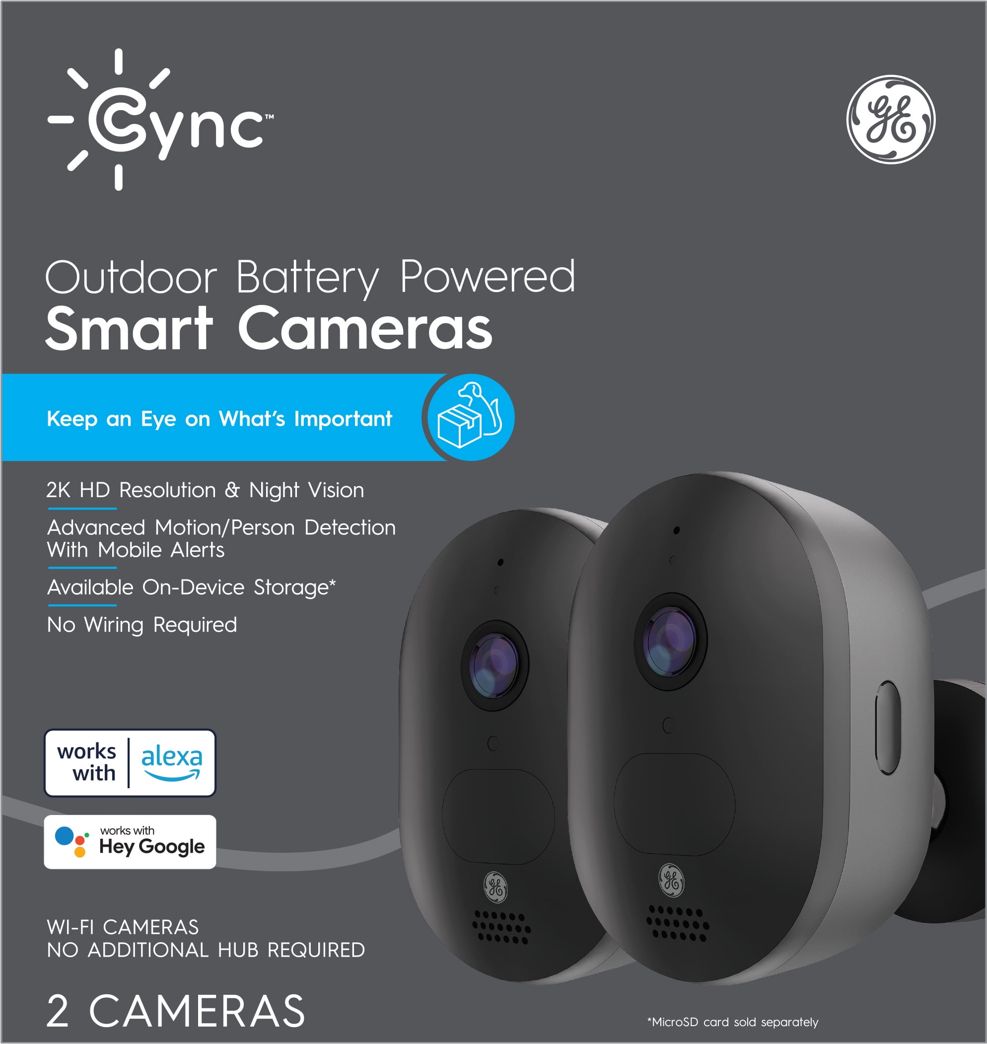 GE CYNC 2pk Smart Outdoor Battery Camera, 2K HD Resolution, Works with ...