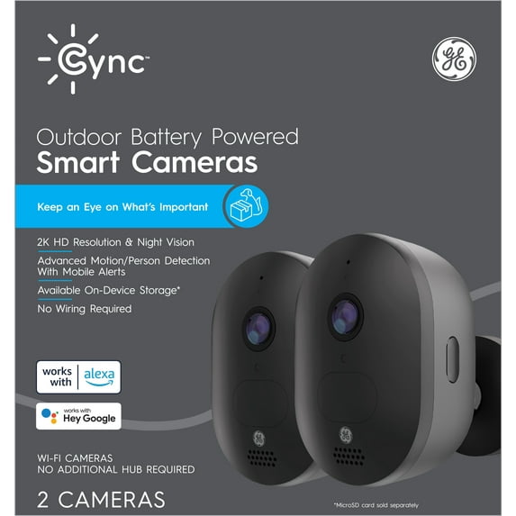 GE CYNC 2pk Smart Outdoor Battery Camera, 2K HD Resolution, Works with ...