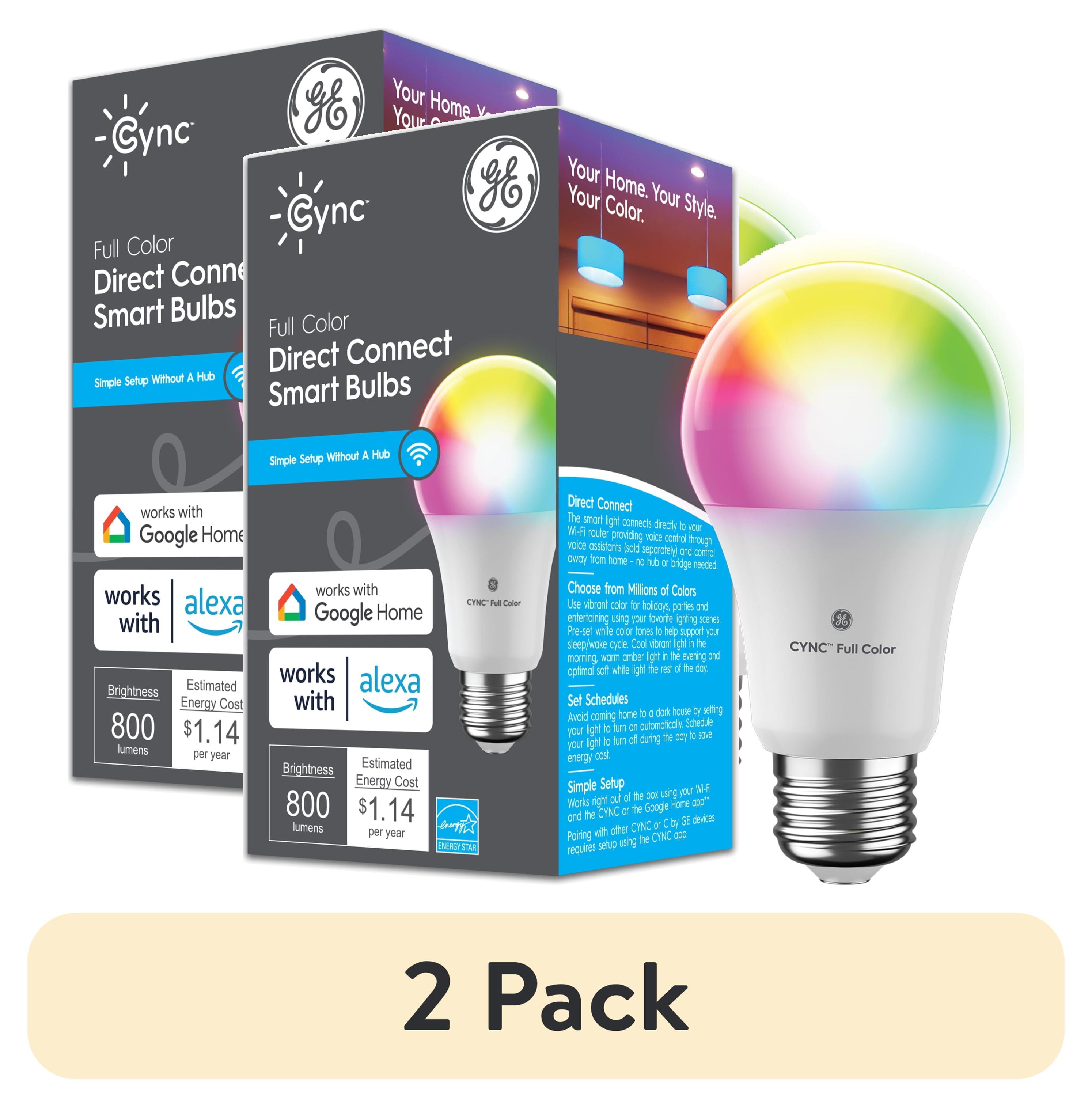 (2 pack) GE Cync A19 Smart LED Light Bulb, Color Changing Indoor Decor ...