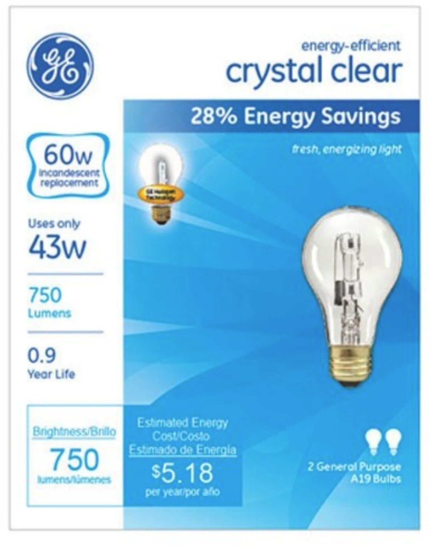GE Energy-Efficient 43W, Crystal Clear, Dimmable Halogen Light Bulb ...