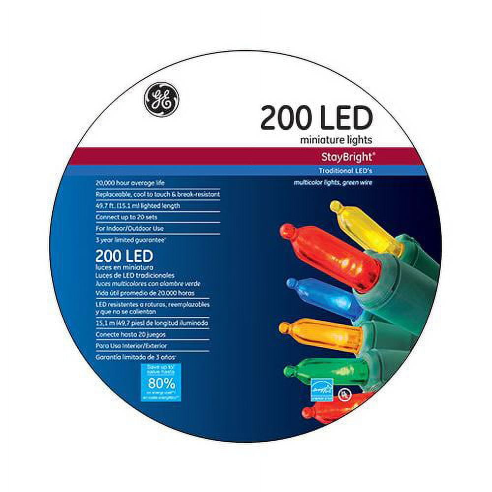 GE GE90855 StayBright® Christmas Mini LED 200-Light Set w/Green Wire ...