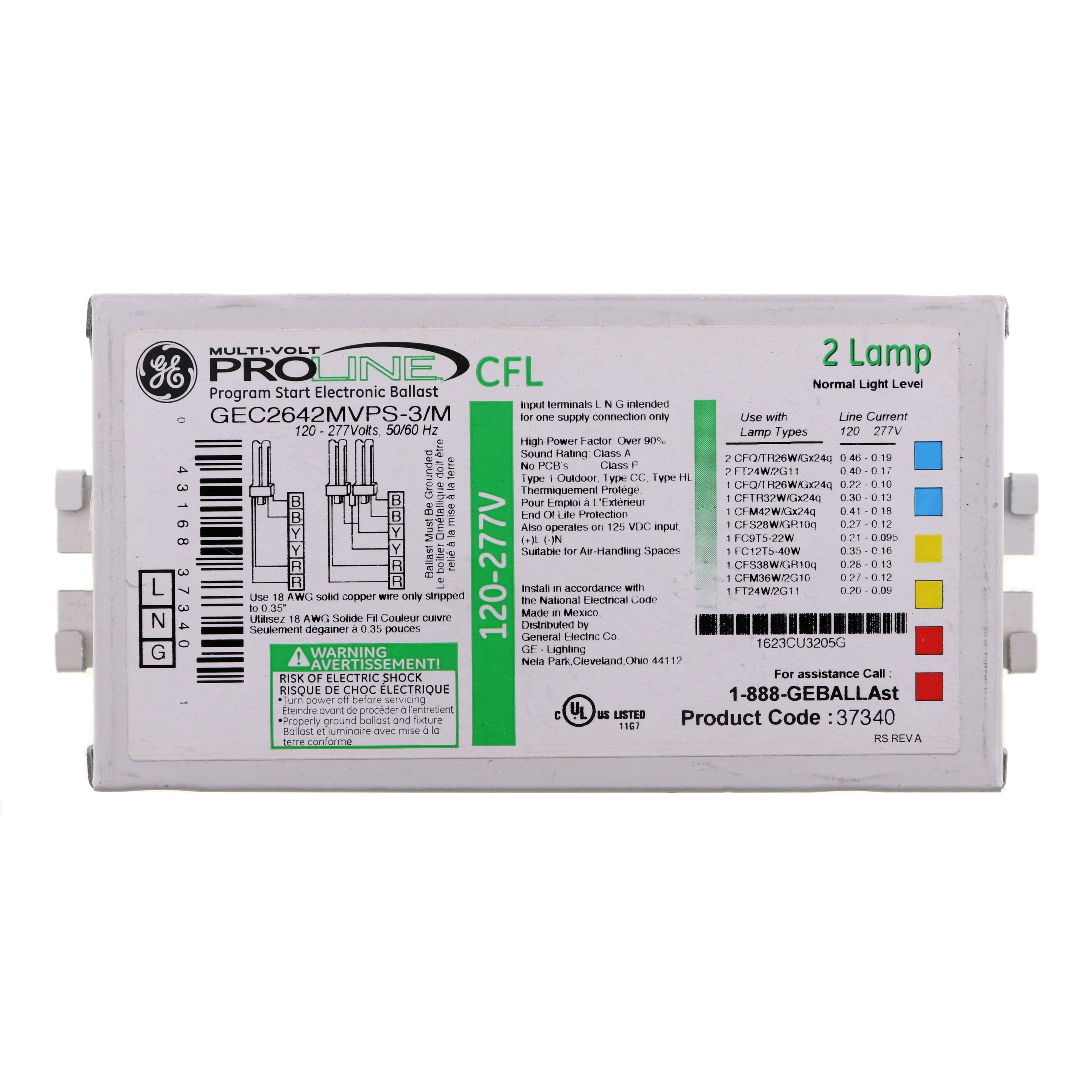 GE GEC2642MVPS-3/M 37340 Program Start Fluorescent Ballast, 2-Lamp, 26W ...