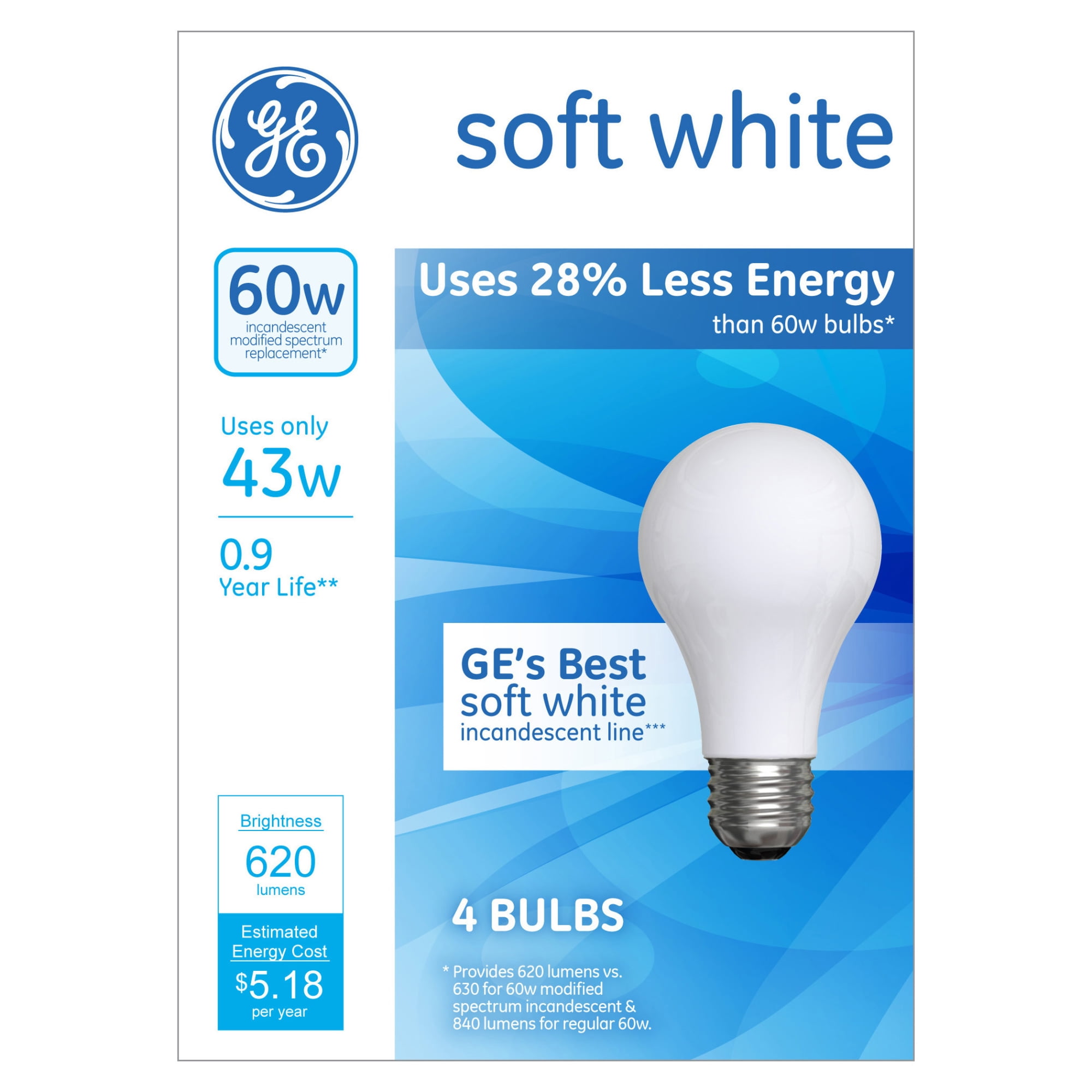 GE General Purpose 43W Energy-efficient A19 Halogen Bulb, Standard Base ...