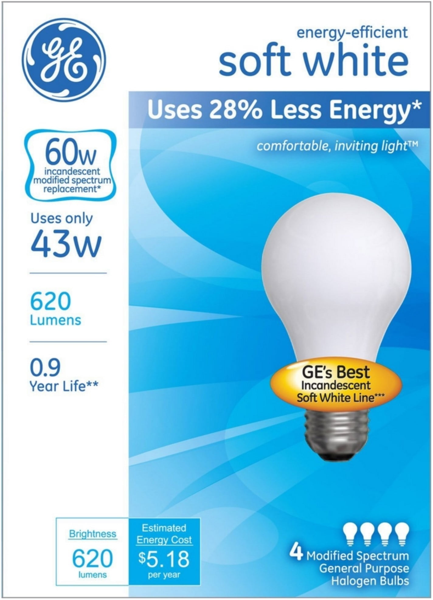 GE, GEL66247, Lighting 43W Energy-efficient A19 Bulb, 4 / Box - Walmart.com