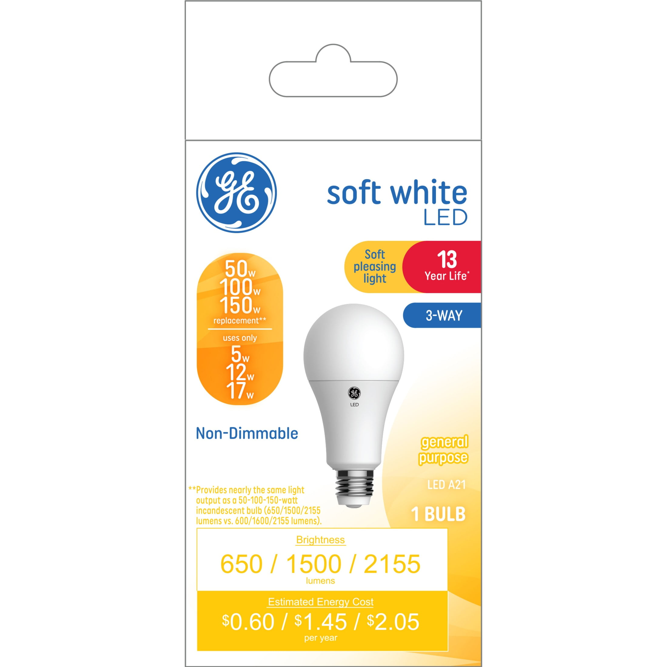 GE LED 3-Way Light Bulb, 150/100/50 Watt, Soft White, A21 Bulb, Medium ...