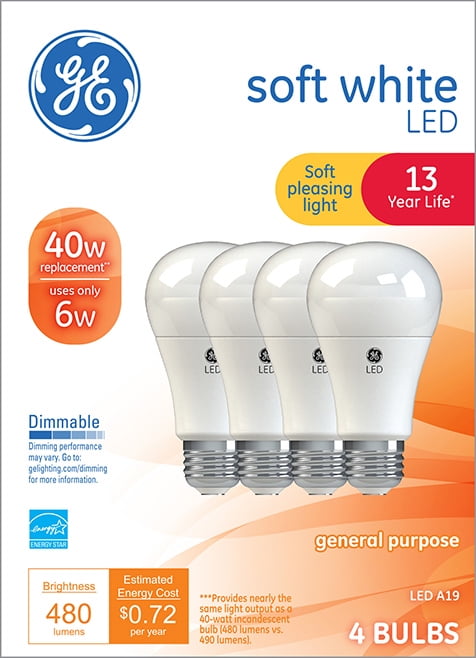 GE LED 6W Soft White A19 Light Bulbs Dimmable 4pk, 40W Equivalent ...