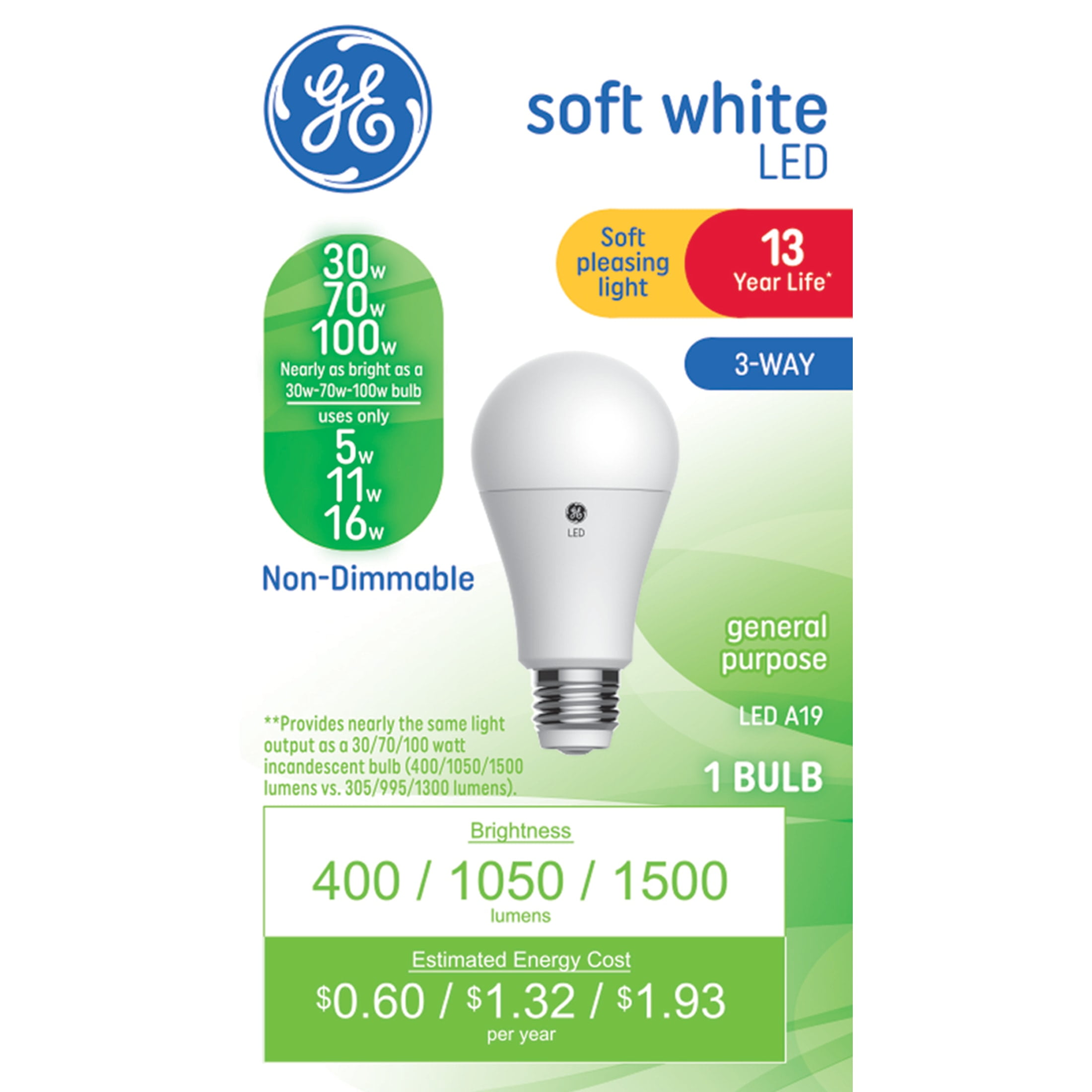 GE LED A19 3-Way Light Bulb, 100/70/30 Watt, Soft White, Medium Base, Frosted Finish, 13yr ...