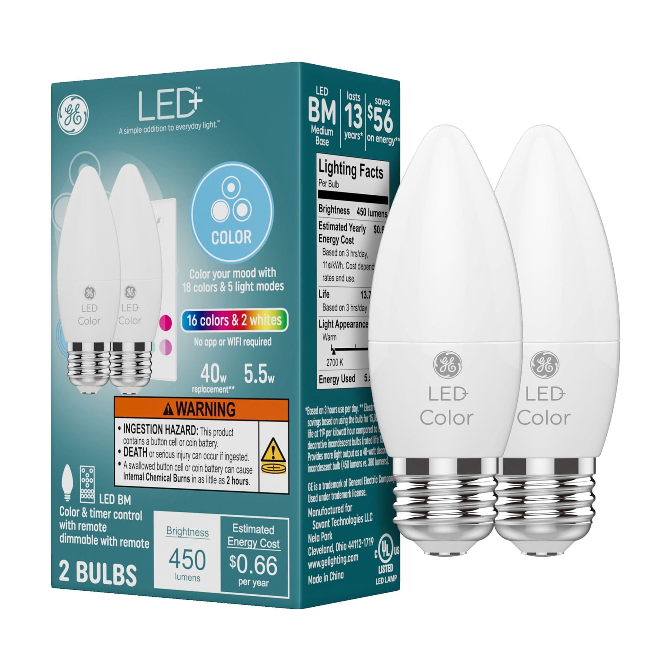 GE LED+ Color Changing Candle Light Bulb, 60 Watts, Decorative Light ...