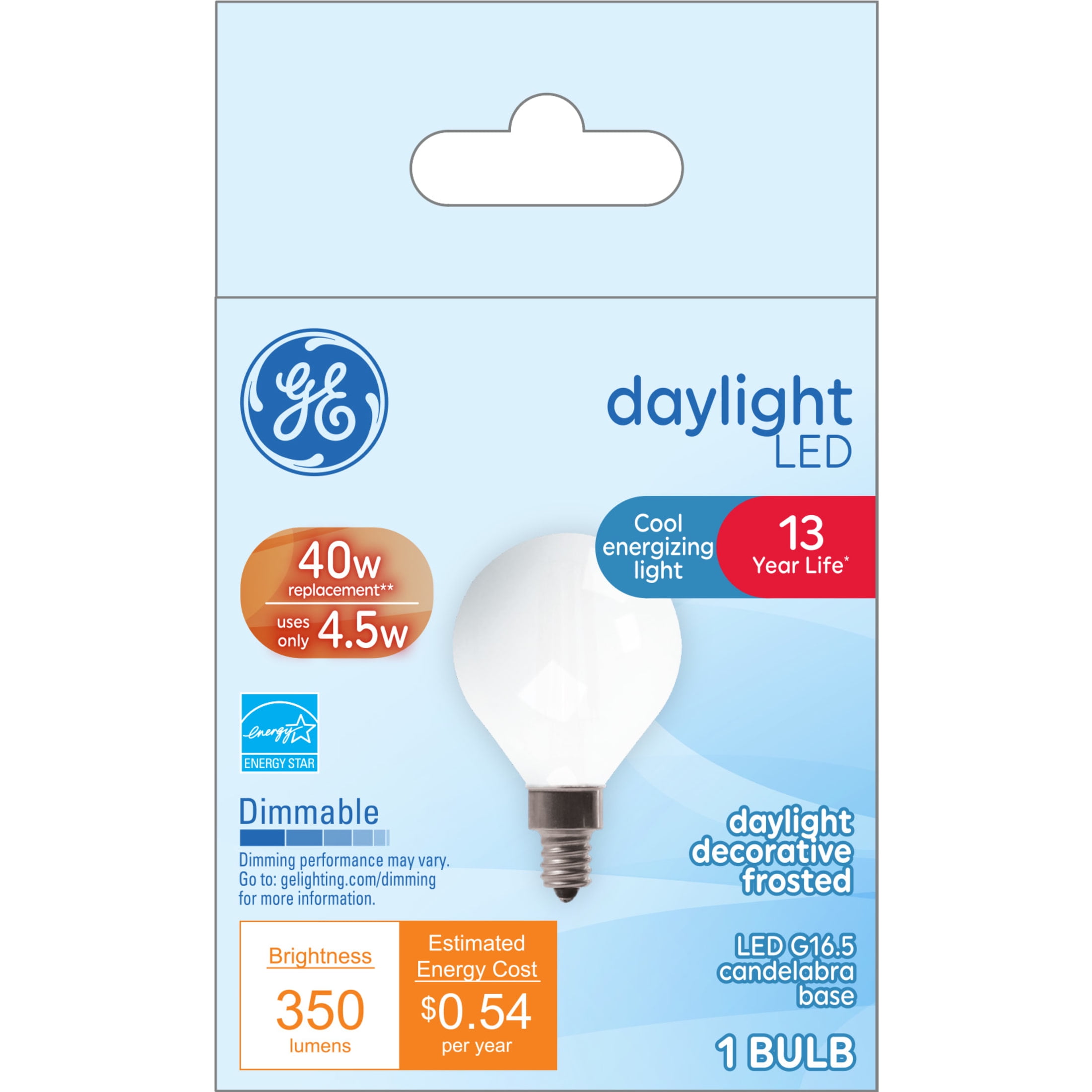 GE LED Light Bulb, 40 Watt, Daylight, G16.5 Globe Bulb, Small Base ...