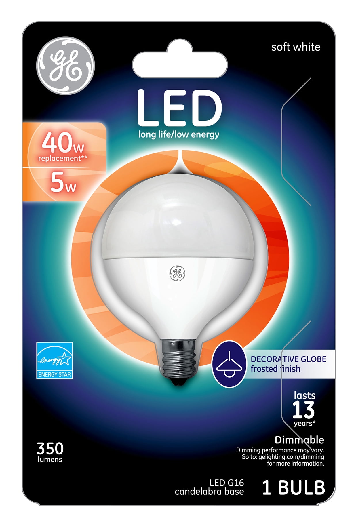 GE LED Light Bulb, 5 Watt E12 G16 Globe Frosted Soft White LED Dimmable ...