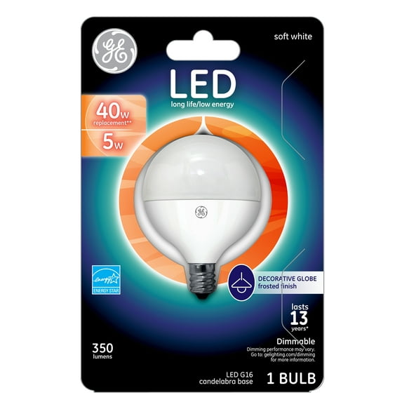 GE LED Light Bulb, 5 Watt E12 G16 Globe Frosted Soft White LED Dimmable ...