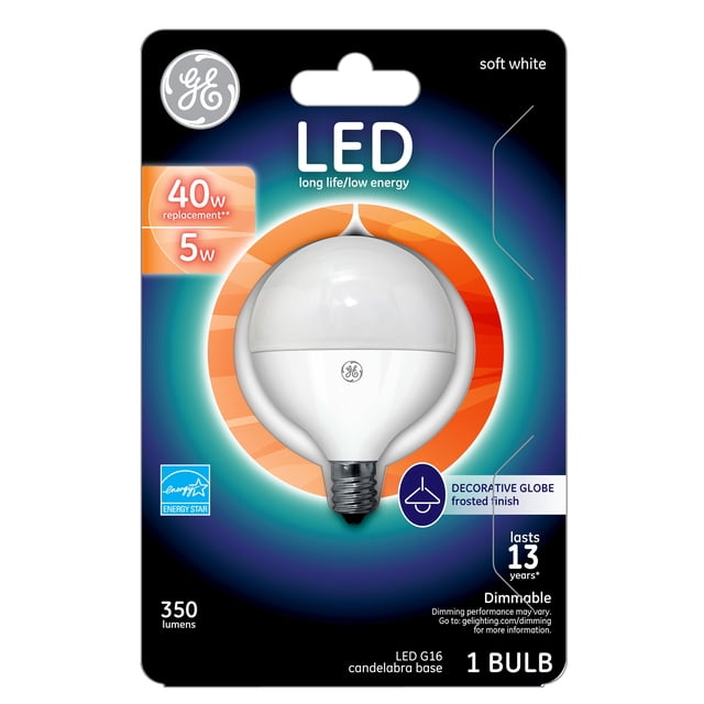 GE LED Light Bulb, 5 Watt E12 G16 Globe Frosted Soft White LED Dimmable ...
