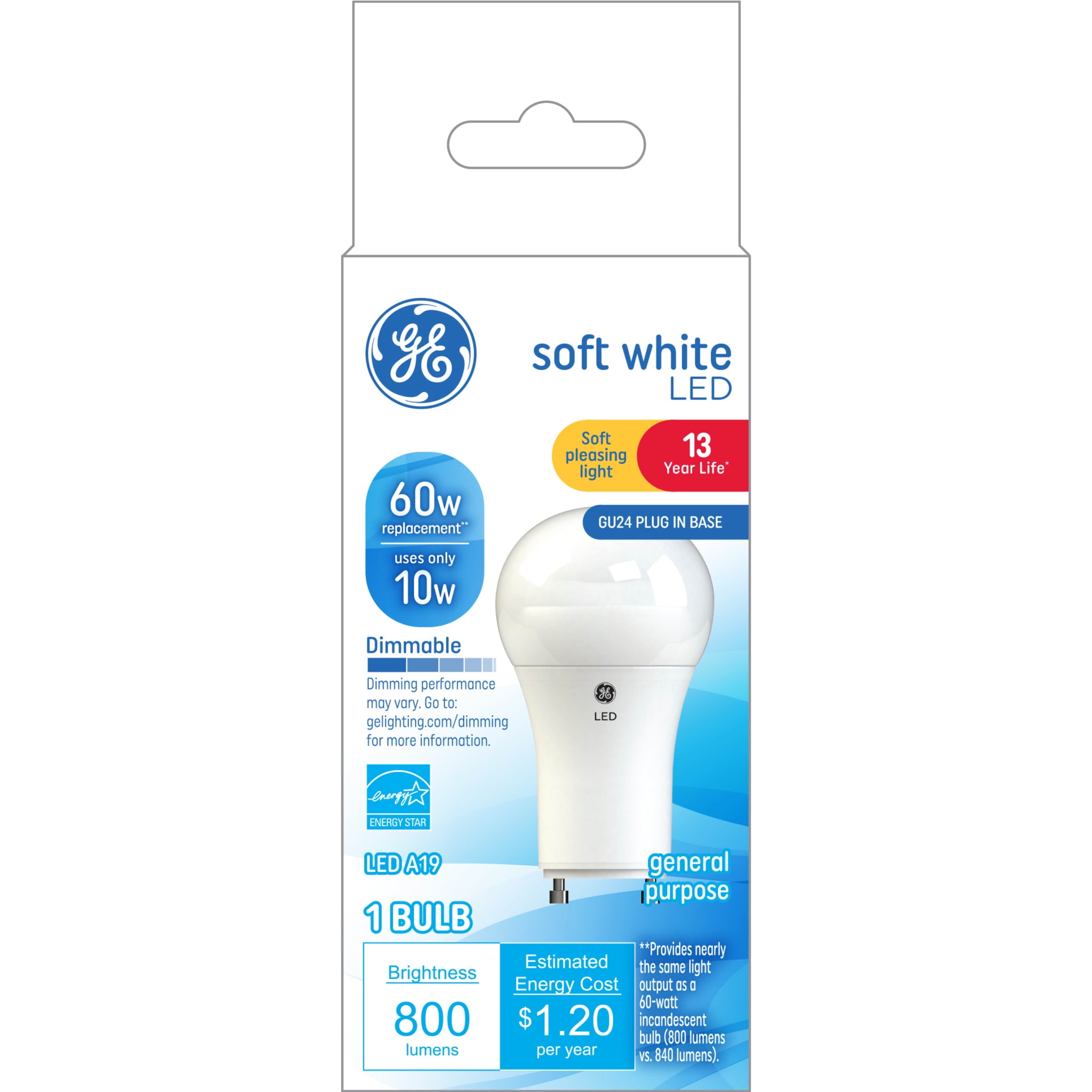 GE LED Light Bulb, 60 Watt, Soft White, A19 Bulb, Medium Base, 13yr ...