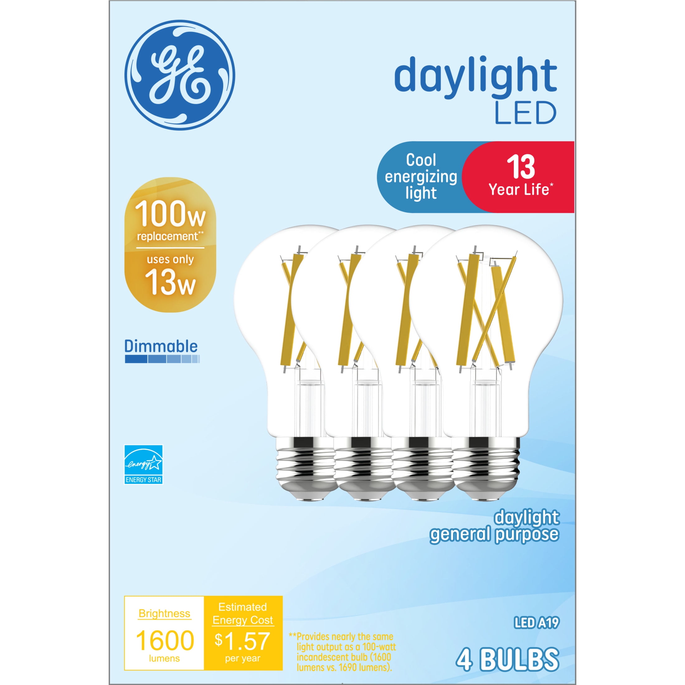 GE LED Light Bulbs, 100 Watt, Daylight, A19 Bulbs, Medium Base, Clear ...