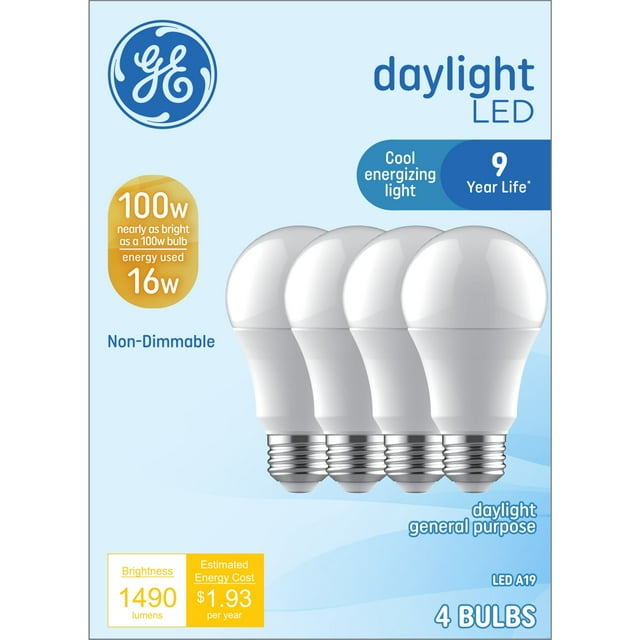 GE LED Light Bulbs, 100 Watt, Daylight, A19 Bulbs, Medium Base, Frosted Finish, 9yr, 4pk ...