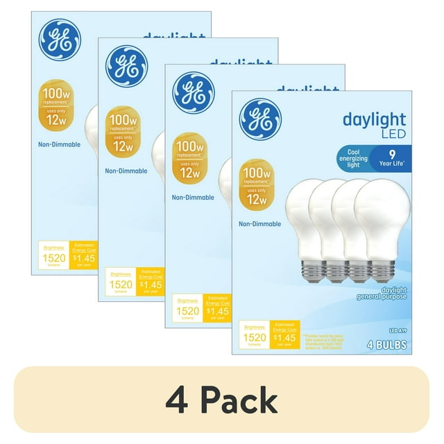 (4 pack) GE LED Light Bulbs, 100 Watt, Daylight, A19 Bulbs, Medium Base, Frosted Finish, 9yr ...