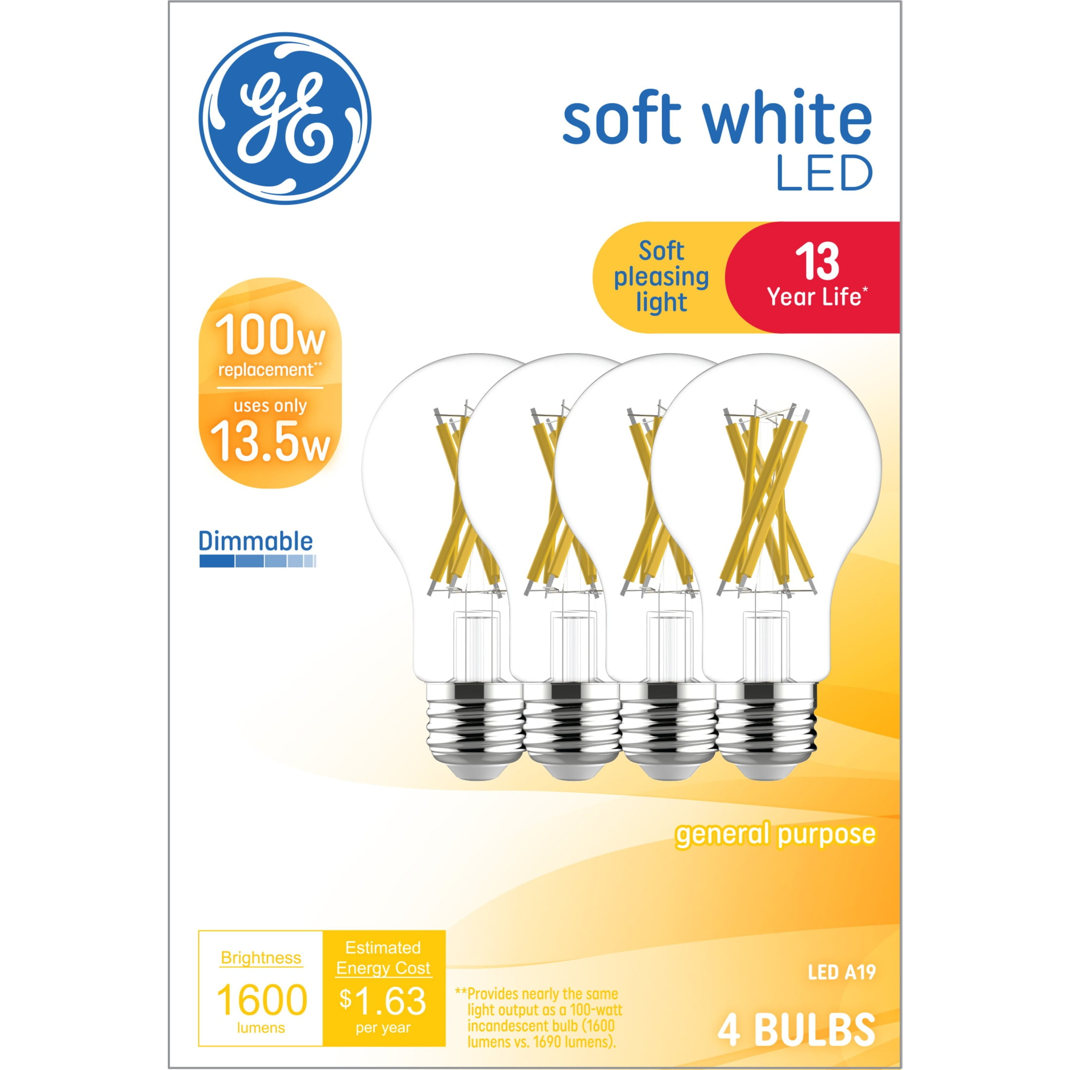 GE LED Light Bulbs, 100 Watt, Soft White, A19 Bulbs, Medium Base, Clear ...