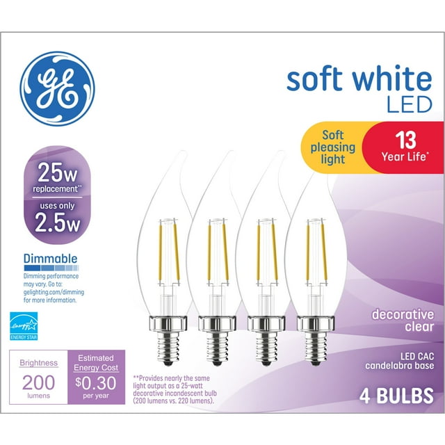 GE LED Light Bulbs, 25 Watt, Soft White, CA11 Bulbs, Small Base, 13yr ...