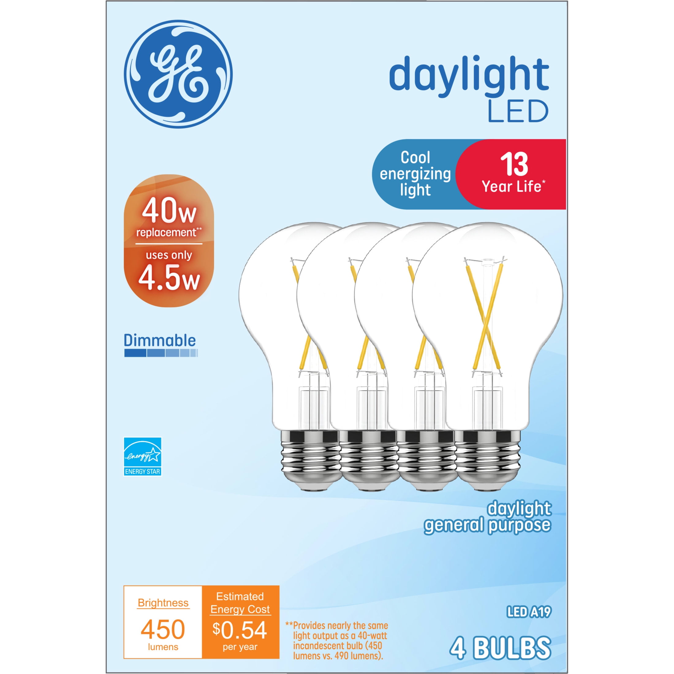 GE LED Light Bulbs, 40 Watts, Daylight, A19 Bulbs, Medium Base, Clear ...