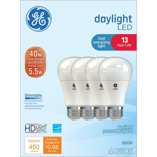 GE LED Light Bulbs, 40 Watts, Daylight, A19 Bulbs, Medium Base, Frosted Finish, 13yr, 4pk ...
