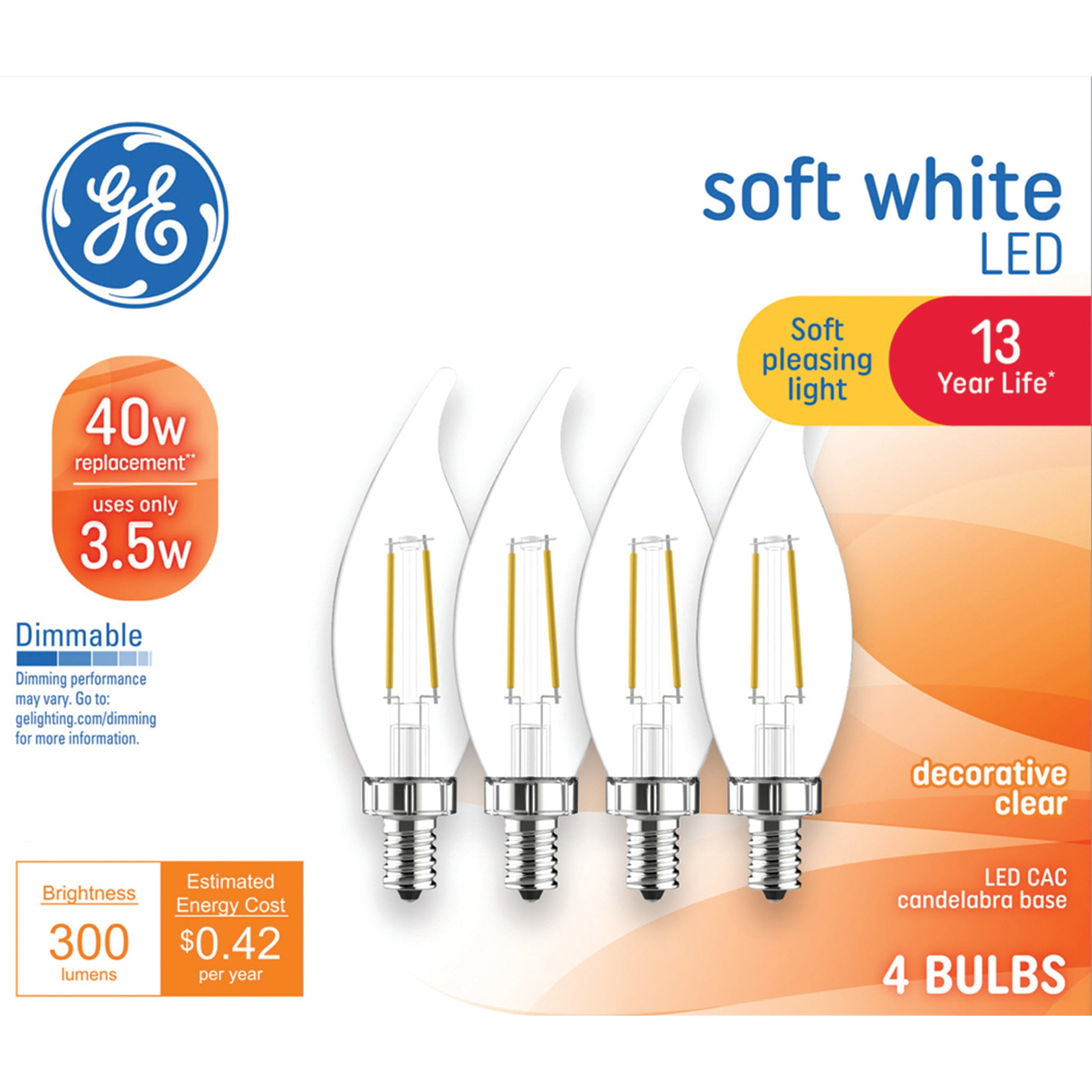 Brandclub - GE LED Light Bulbs, 40 Watts, Soft White, CA11 Bulbs, 13yr, 4pk