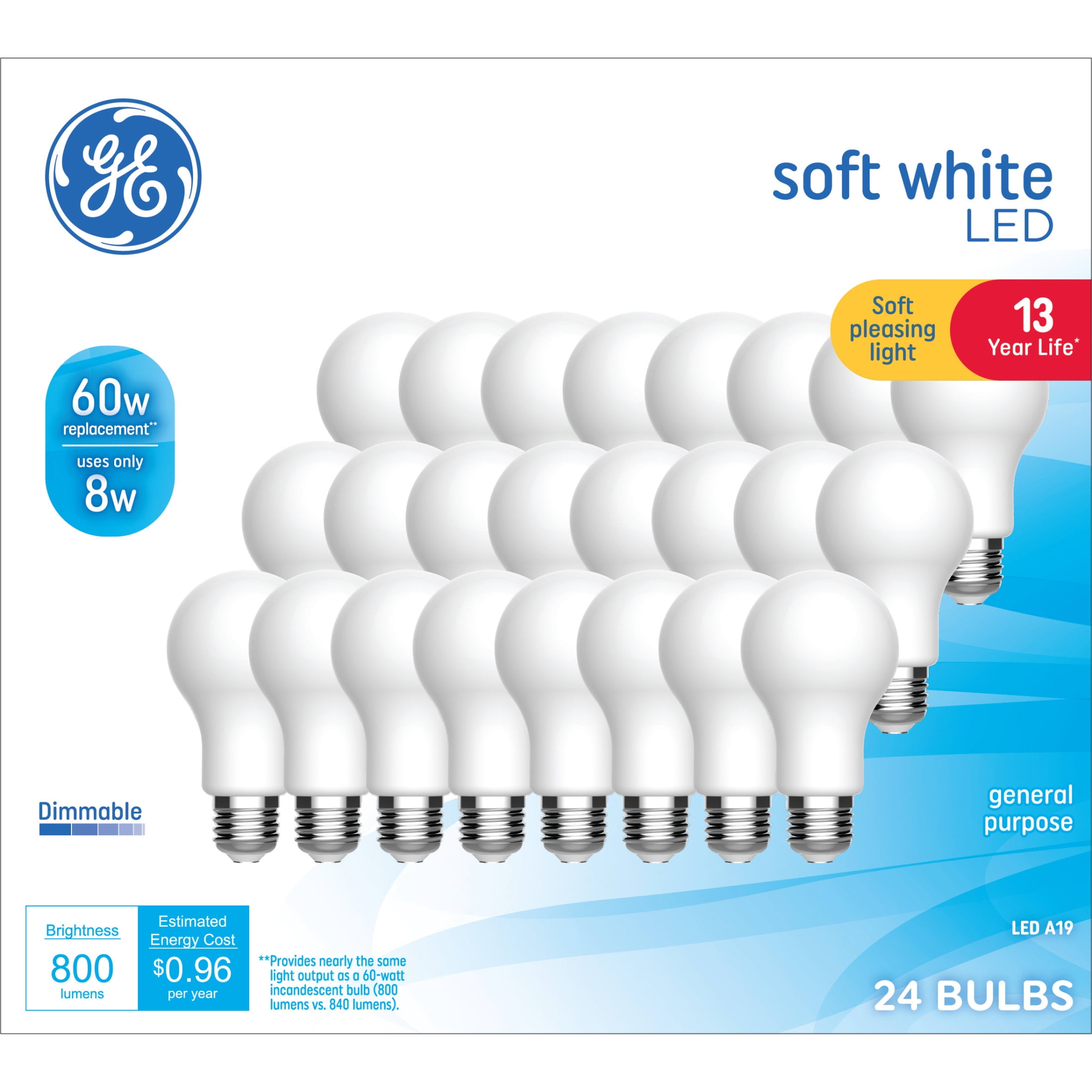 GE LED Light Bulbs, 60 Watt, Soft White, A19 Bulbs, Medium Base, Frosted Finish, 13yr, 24pk ...