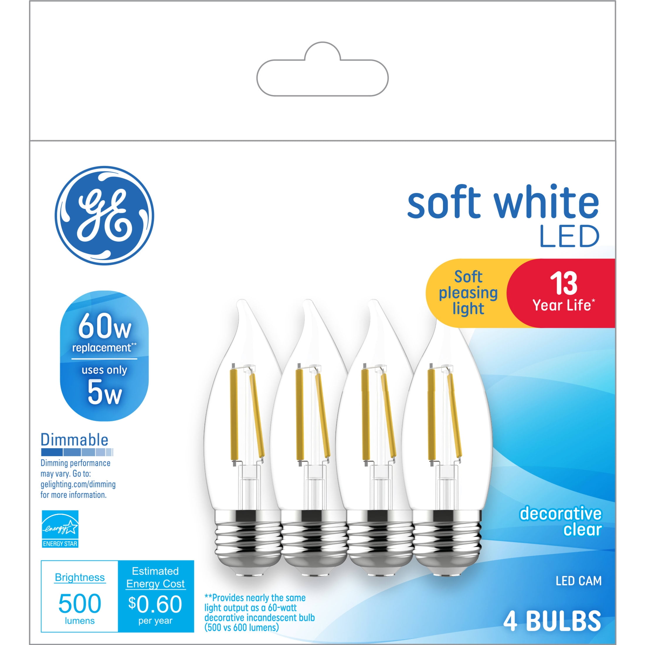 GE LED Light Bulbs, 60 Watt, Soft White, CA11 Bulbs, Medium Base, Clear ...