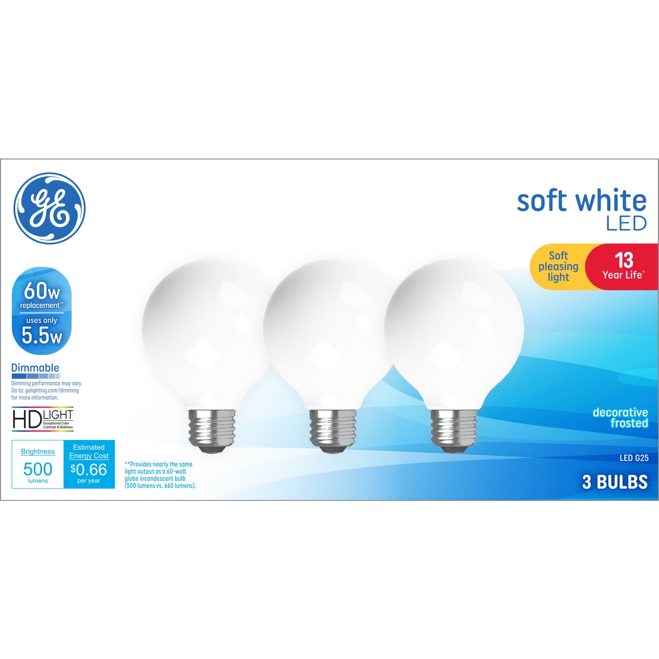GE LED Light Bulbs, 60 Watt, Soft White. G25 Globe Bulbs, Medium Base ...