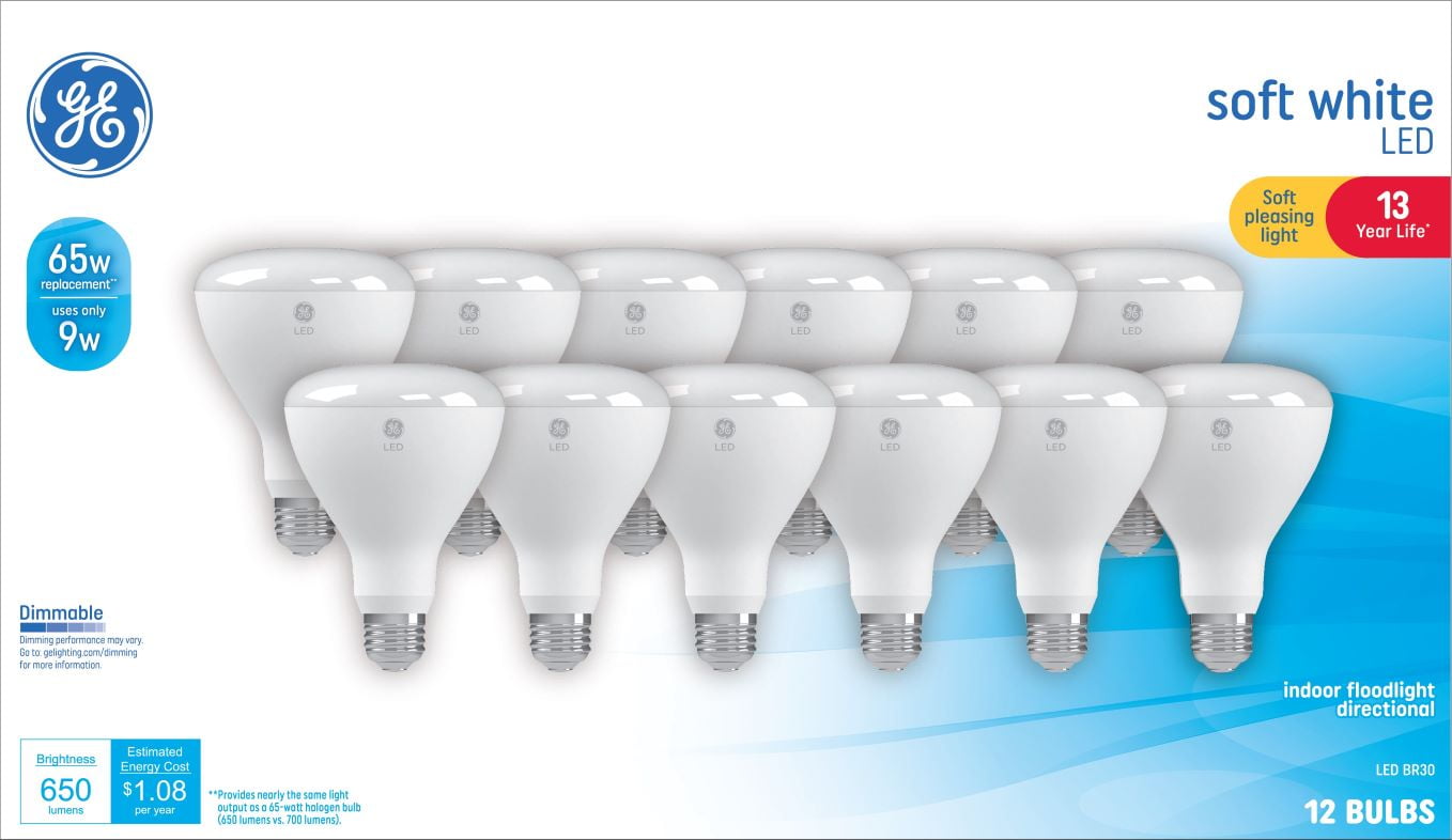 GE LED Light Bulbs, 65 Watt, Soft White, BR30 Floodlights, Medium Base, Frosted Finish, 13year ...