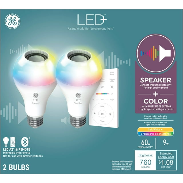 GE LED+ Speaker LED Light Bulb, Color Changing, 60 Watt, A21 Bulbs ...