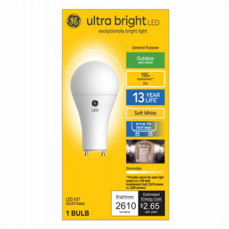 GE LED22DA21U24/SWQ-1 . This is a 22 watt A21 plastic bulb with a GU24 ...