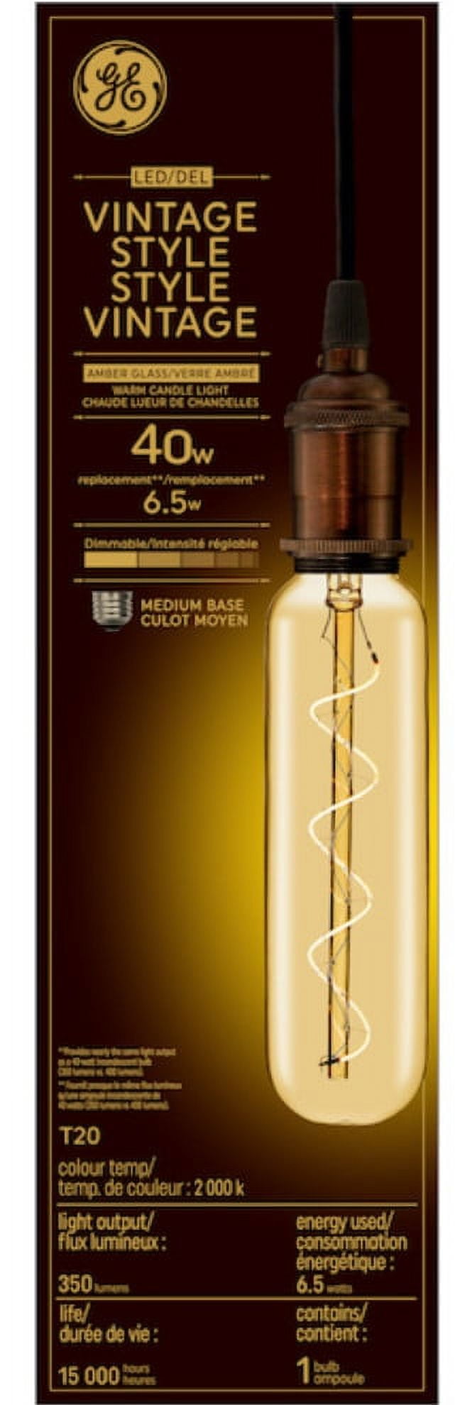 GE Large Vintage Style LED T20, 6.5 watt, 350 lumen, Amber Glass, 2000K ...