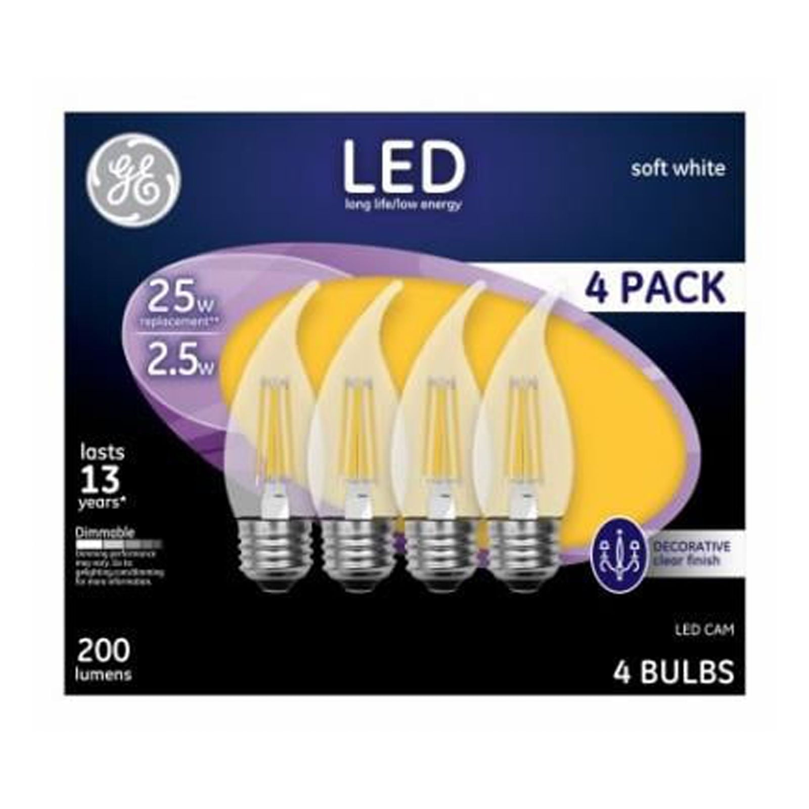GE Lighting 10193 Medium-Base CAM Clear Dimmable LED Bulb, 2.5W, 200L ...