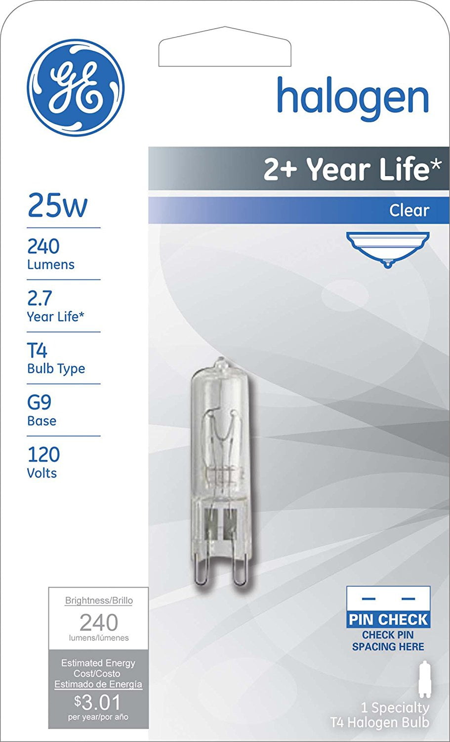 GE Lighting 25W T4 Halogen Bulb, G9 Base, Single-Ended, Clear, Each ...