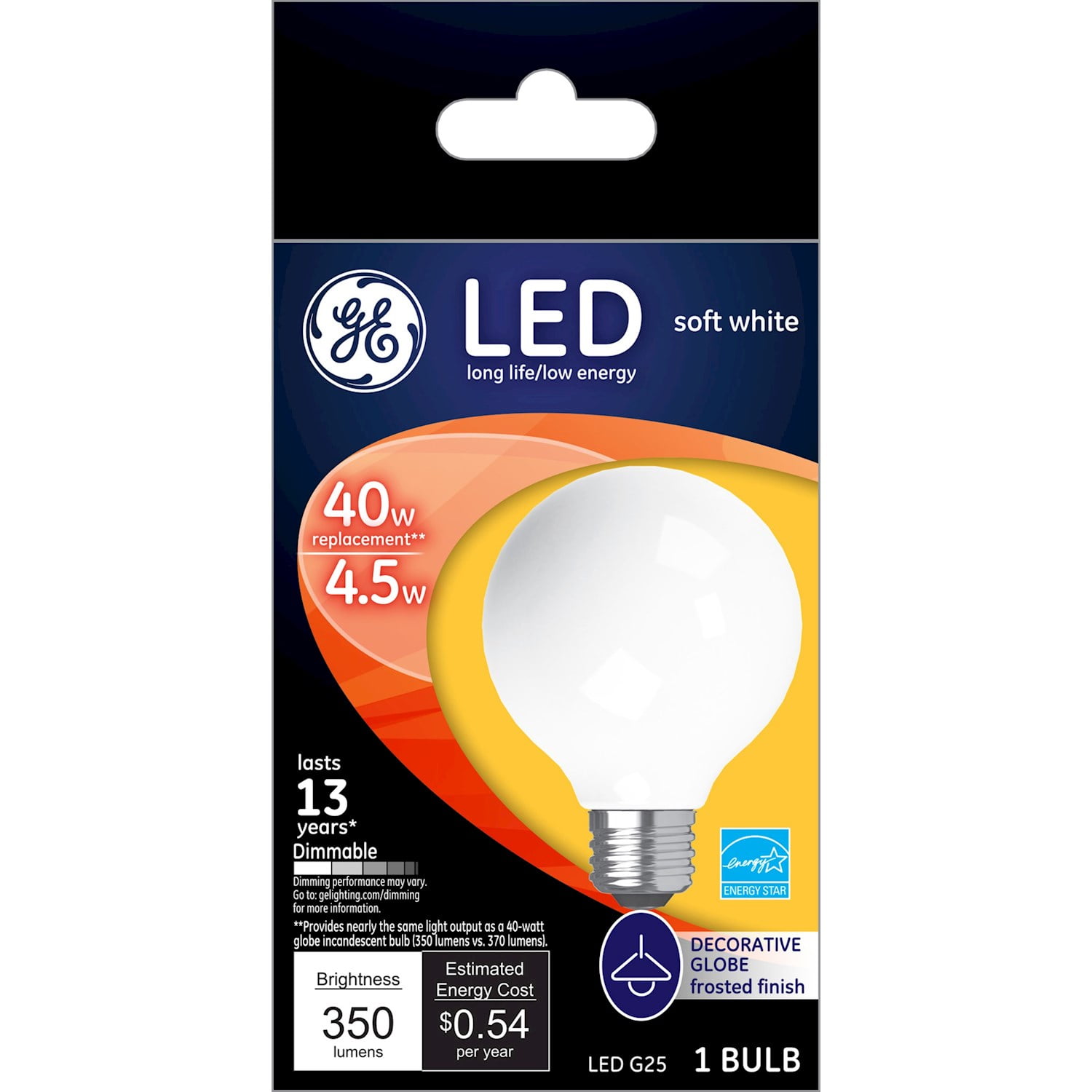 GE Lighting 25048 Finish Light Bulb Dimmable LED G25 Decorative Globe 4 ...