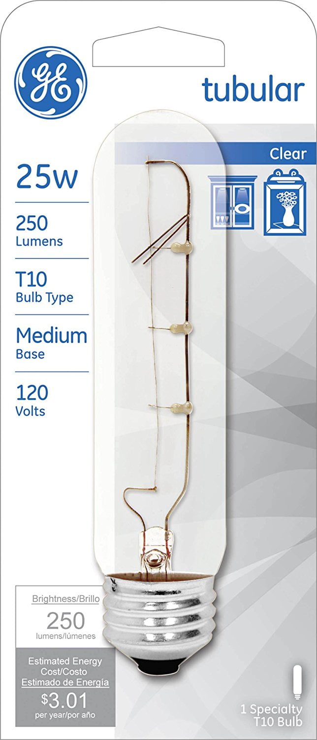 GE Lighting 45144 Incandescent T10 Tubular Light Bulb, Crystal Clear, 25W, Each - Walmart.com