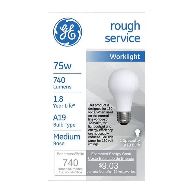 GE Lighting 72530 75 Watt 130 Volts A19 Rough Service Light Bulb ...