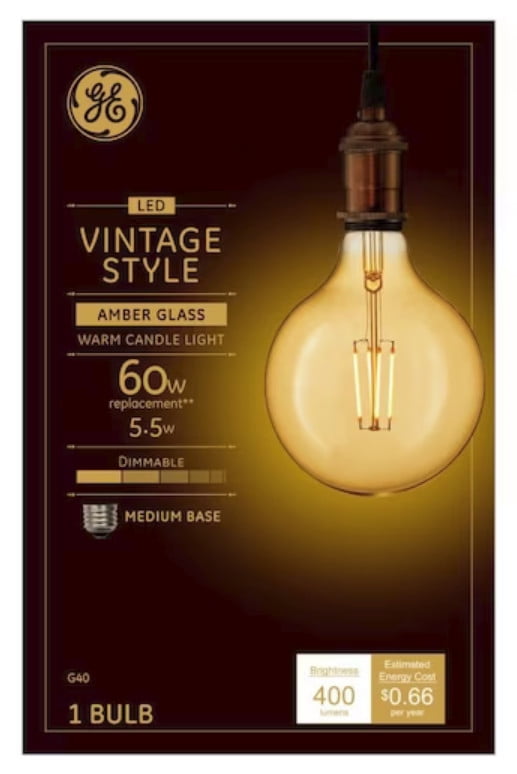 GE Lighting Large Vintage LED G40 Warm Candlelight, Amber Glass, 60 ...
